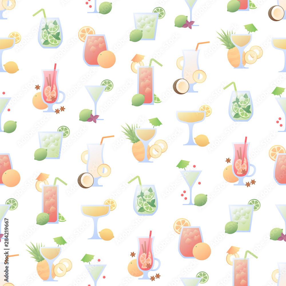 Vector modern flat cocktail seamless pattern illustration. Set of color ...