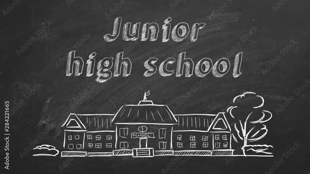 School building and lettering Junior high school on blackboard. Hand ...