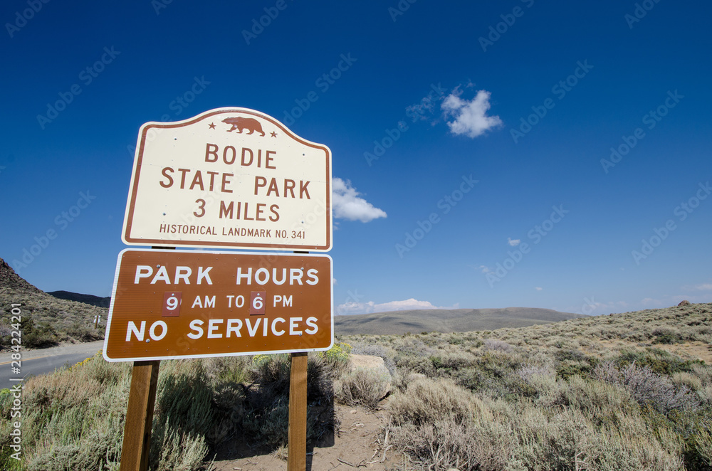 Bodie, California - July 5 2018: Sign welcoming visitors to Bodie State ...