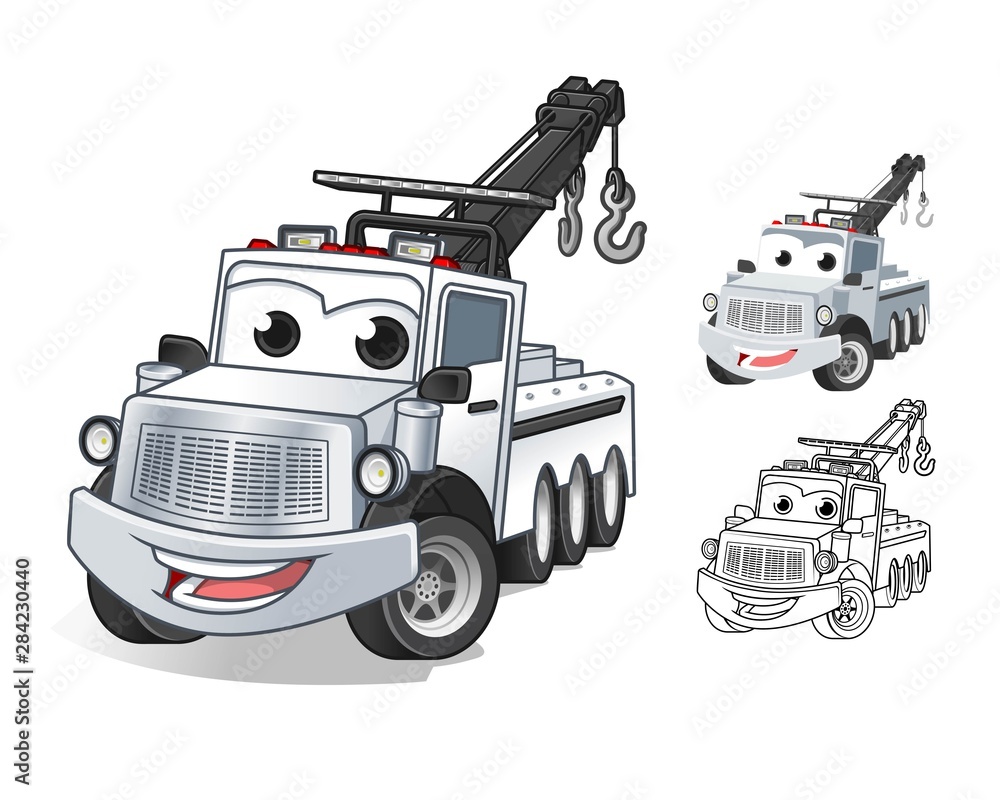 Happy Tow Truck Cartoon Character Design, Including Flat and Line Art ...