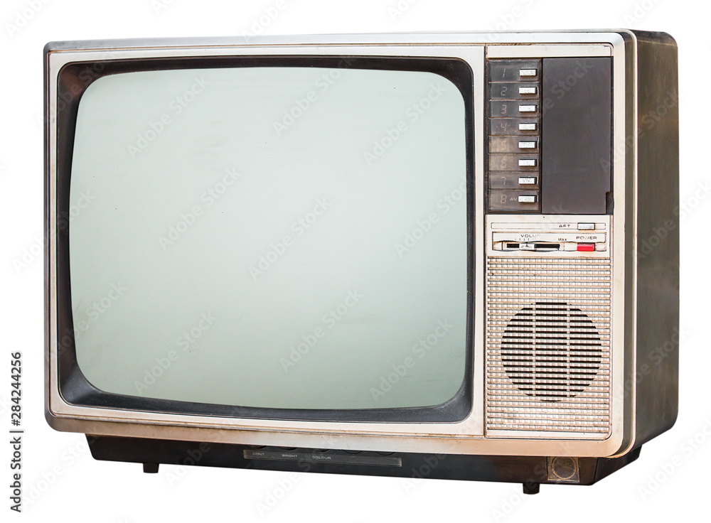 old retro color bronze home TV receiver isolated on white background ...