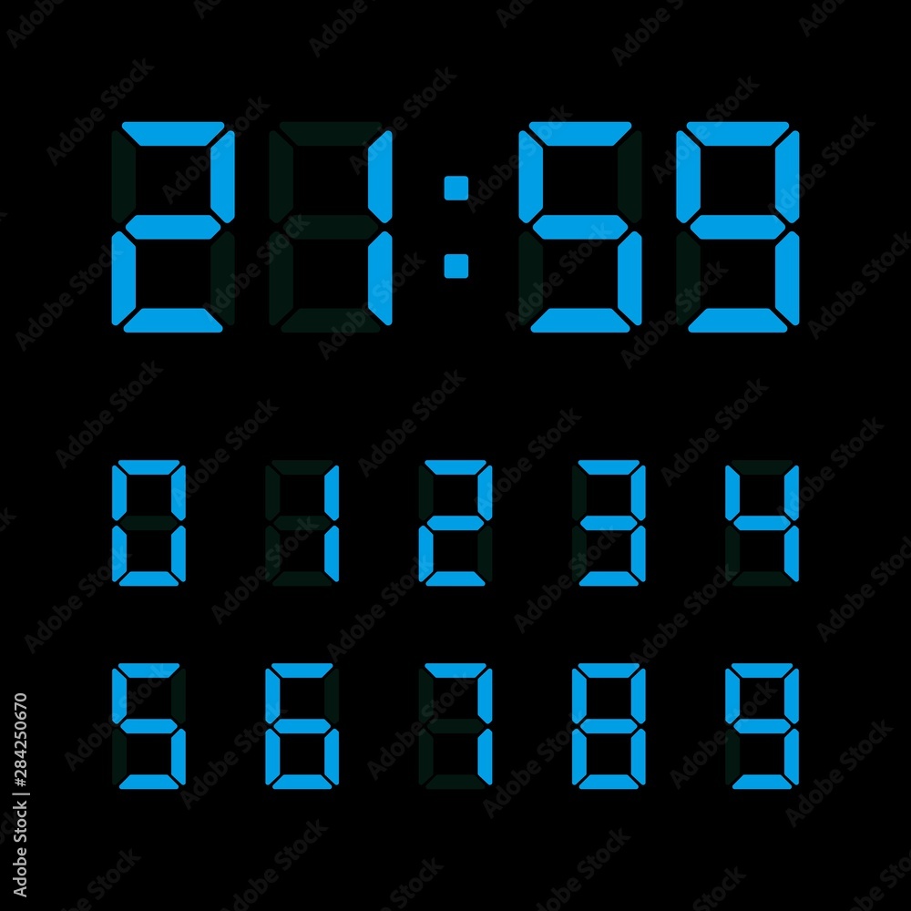 Blue digital numbers set isolated on black background. Vector ...