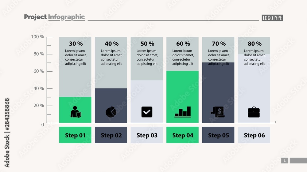 Six columns bar chart slide template. Business data. Step, diagram ...
