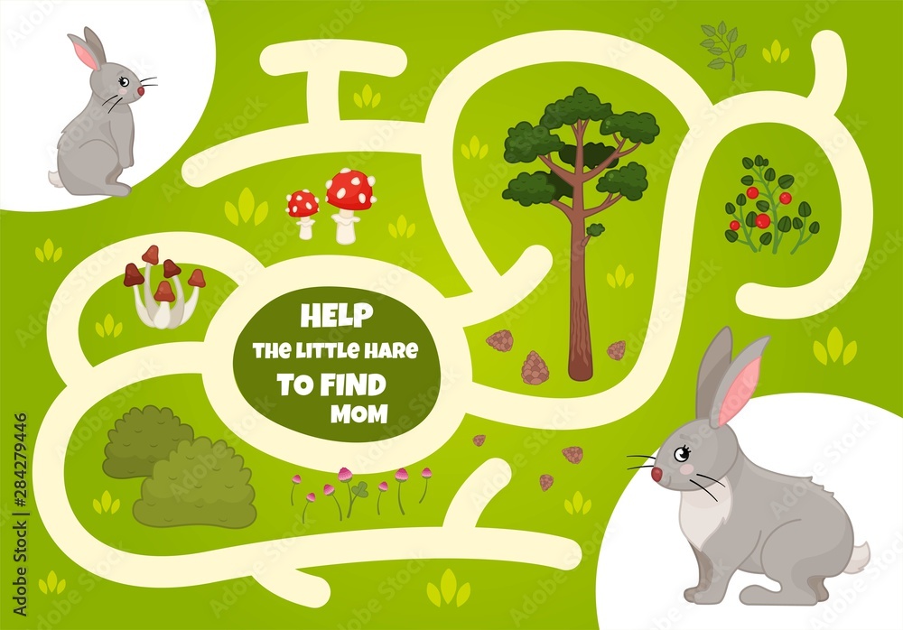 Maze game for children. Forest animals. Cartoon cute hare. Stock Vector ...