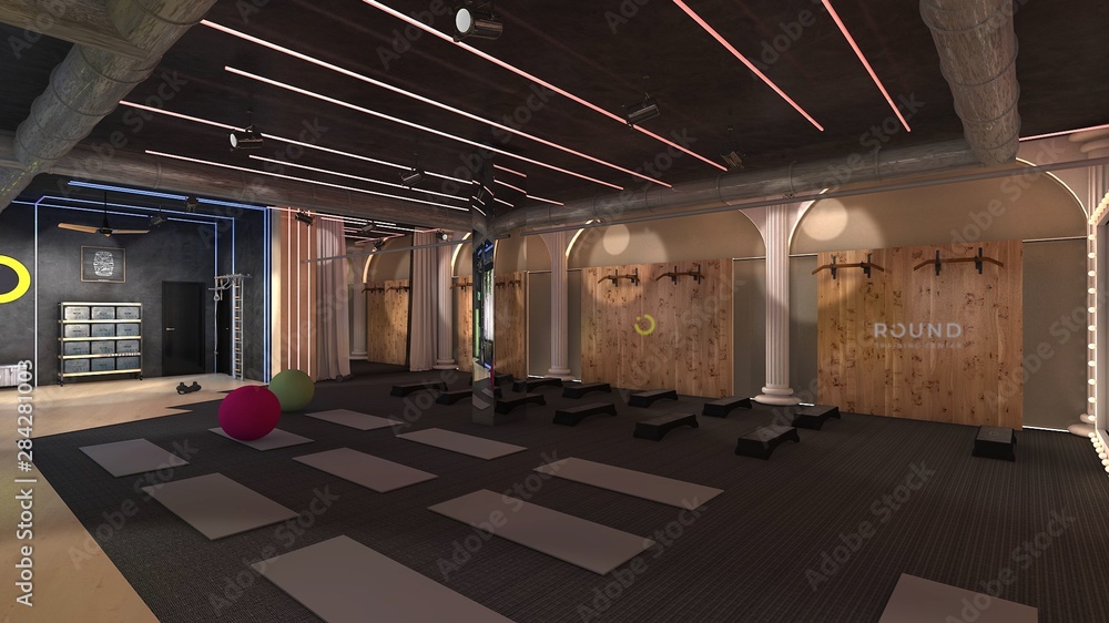 PROYECTO LOCAL COMERCIAL . GIMNASIO. RENDER 3D Stock Illustration | Adobe Stock