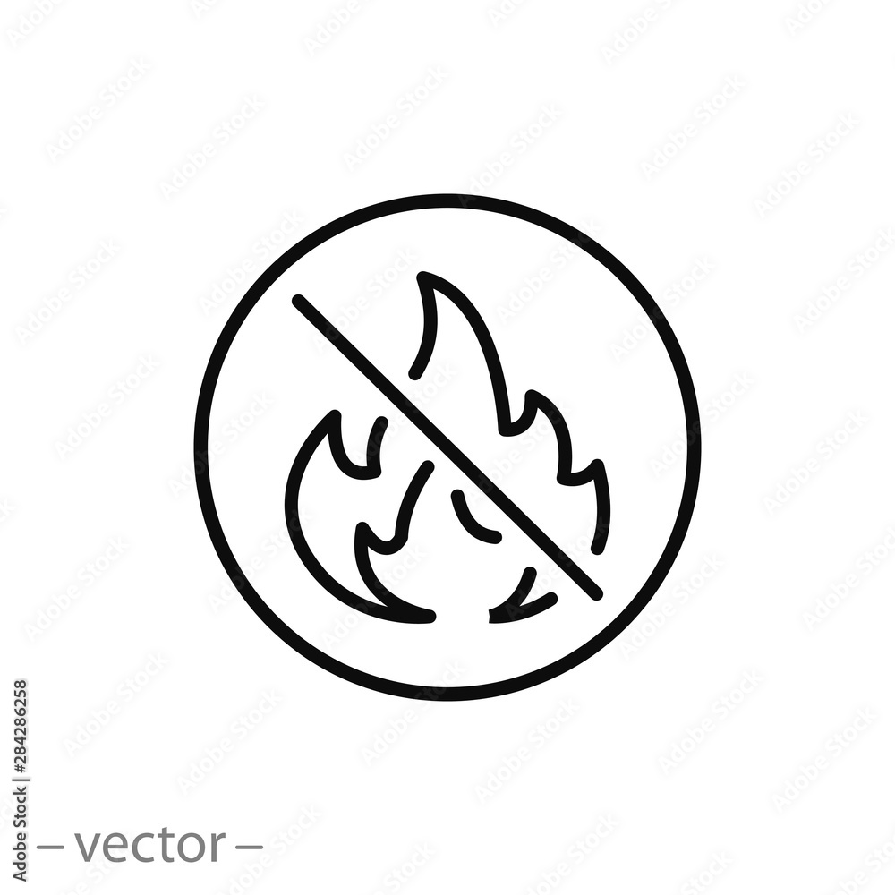 no fire icon, stop flame, outline sign, no burn, safety thin line ...