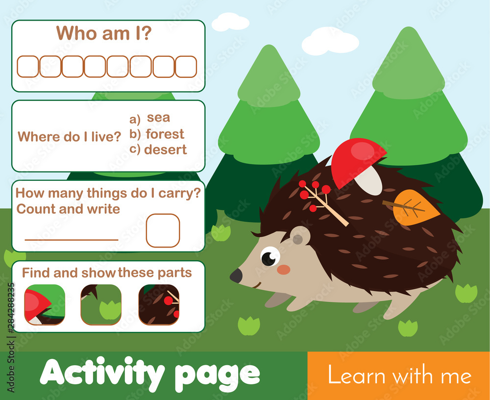 Animals theme learning page for kids. Hedgehog. Educational children ...