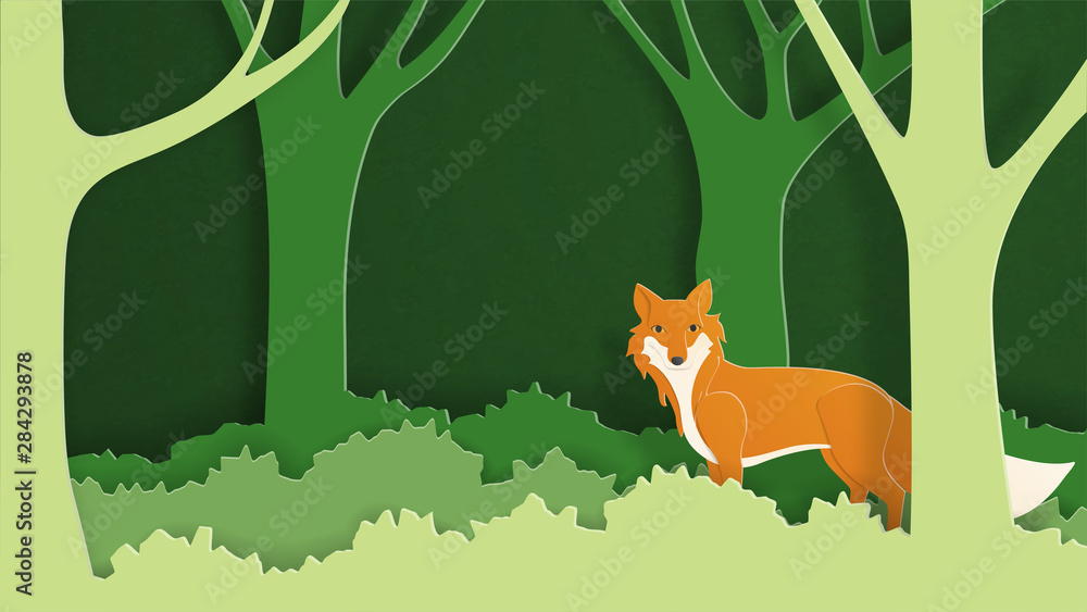 Paper art craft wild fox in the forest. Vector illustration in paper ...
