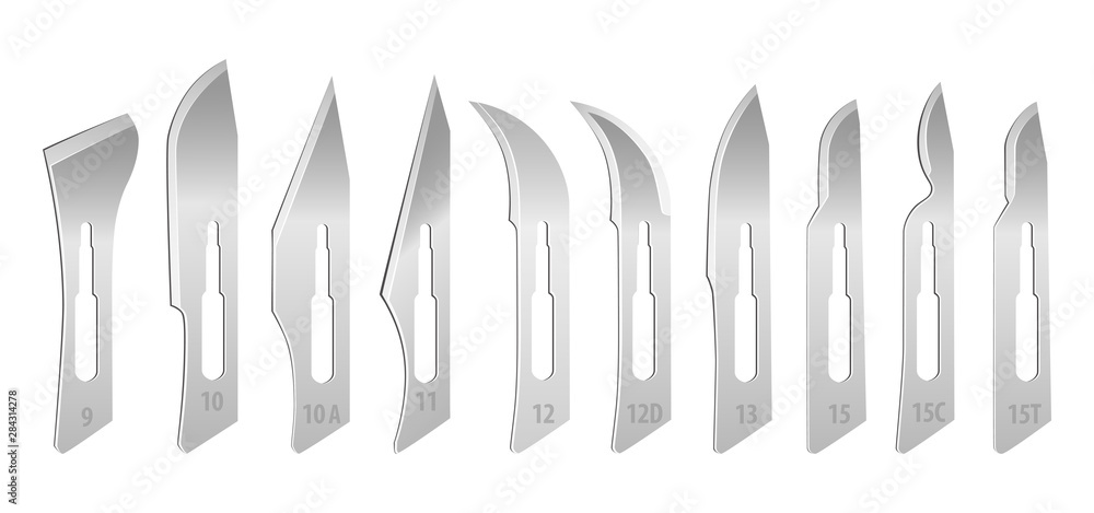 Set of interchangeable blades for a surgical scalpel. Standard set of ...