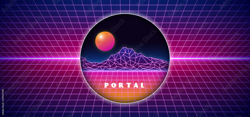 Futuristick 1980s style digital space isolated portal hole background ...