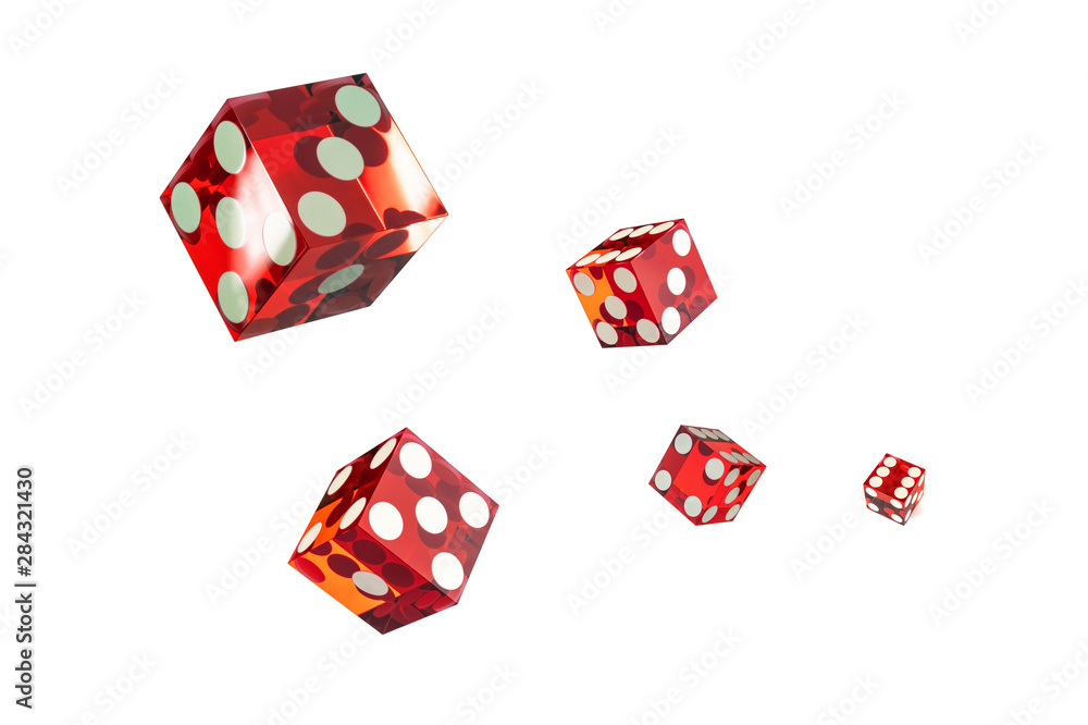 Five red classic dice isolated on white. Six below and flying in the ...
