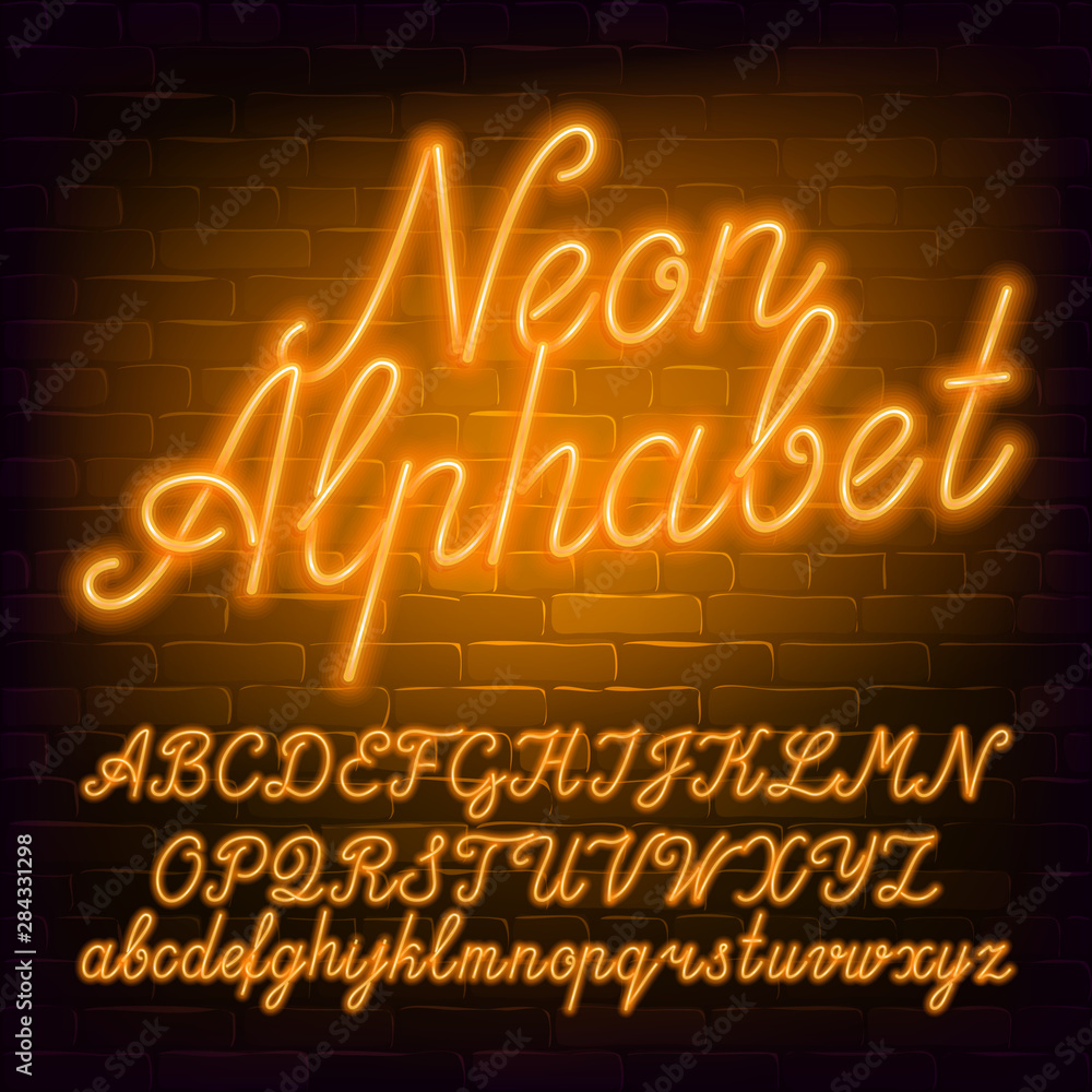Neon script alphabet font. Yellow neon color lowercase and uppercase ...