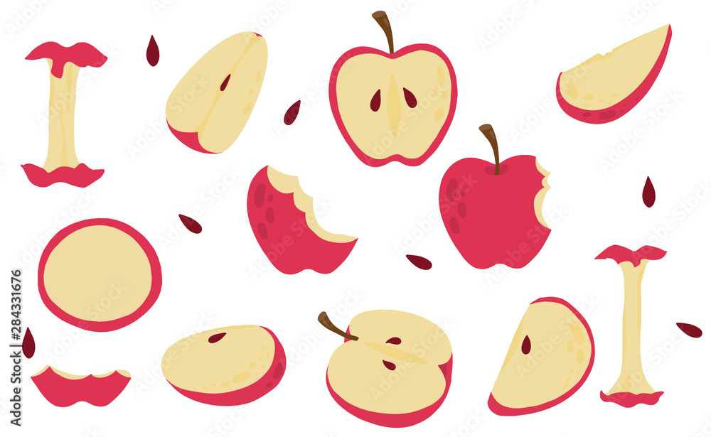 Cute apple object collection.Whole, cut in half, sliced on pieces apple ...