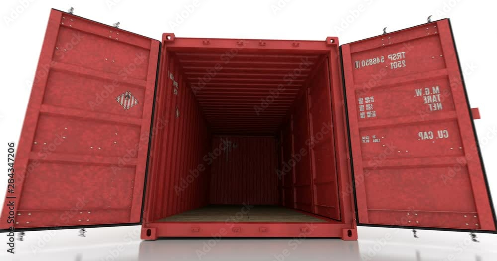 Beautiful red cargo shipping container falling on white floor. The ...