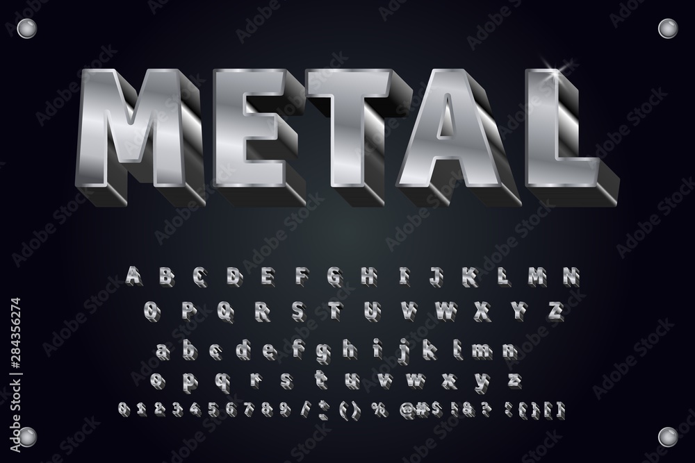 Chrome alphabet font. Metal effect italic letters and numbers. Stock ...