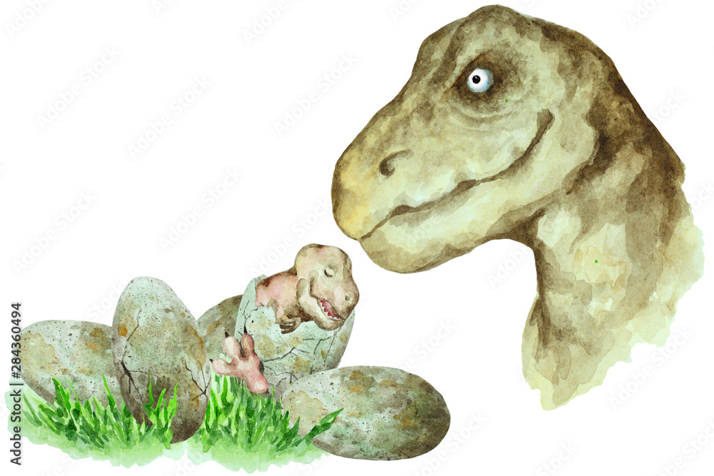 Dinosaur Tyrannosaurus rex head, eggs and newborn baby, hand drawn ...