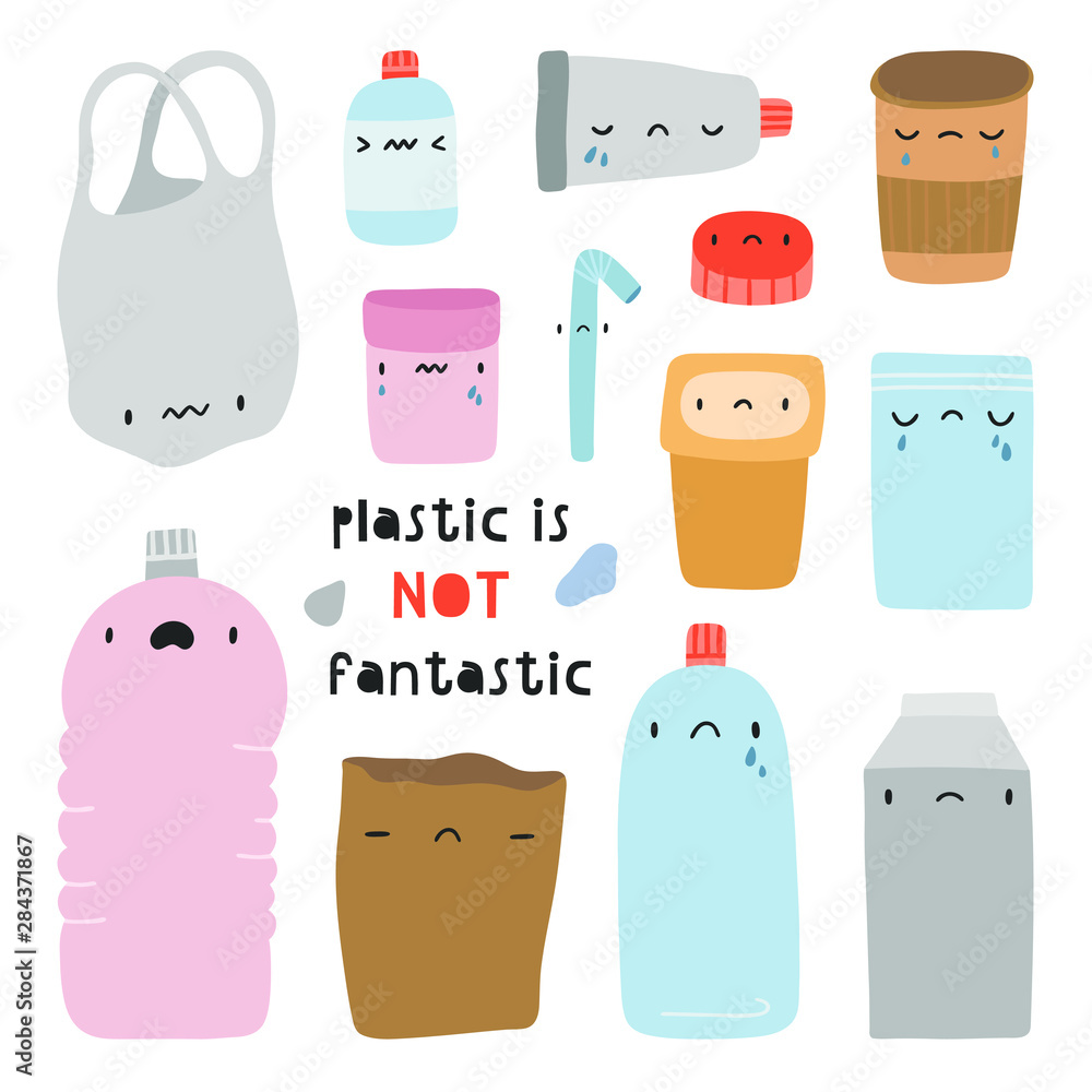 Cute Sticker set - Plastic Is Not Fantastic. Vector set with hand drawn ...
