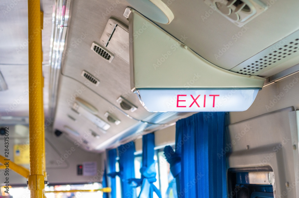 Emergency exit light sign on bus direction sign for safety when have ...