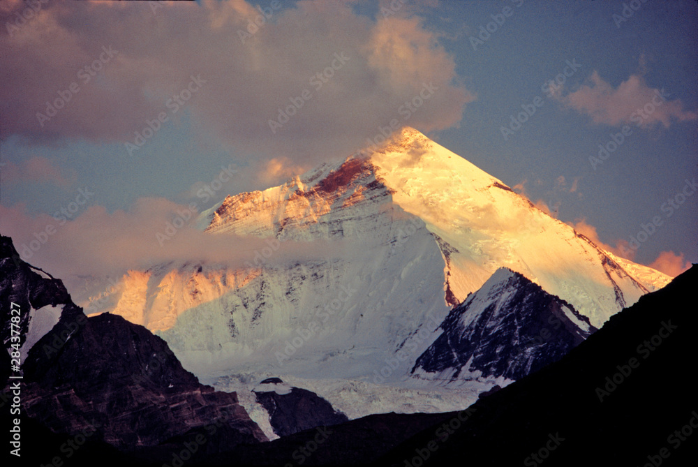 Asia, India, Ladakh, Nun-Kun Peak. Late light lies golden across the ...