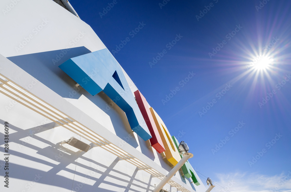 NORWEGIAN SEA - June 10, 2017: AIDA logo at the funnel of cruise ship ...