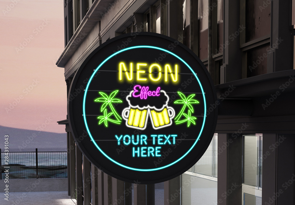 Outdoor Sign Mockup with Neon Text Effects Stock Template | Adobe Stock