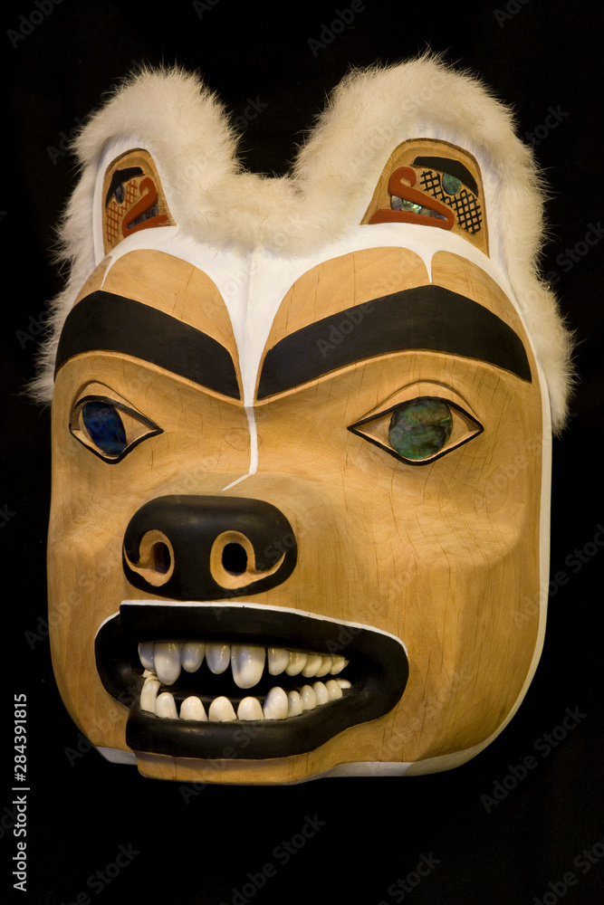 Canada, British Columbia. Hand-carved spirit bear mask made of alder ...