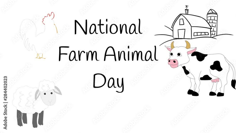 National Farm Animal Day illustrated on white with barn and animals ...