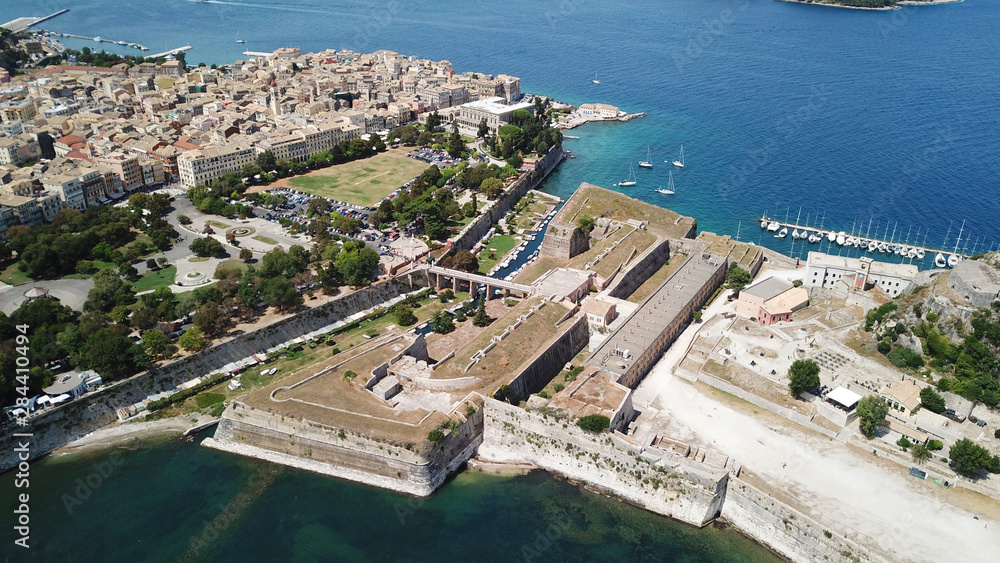 Aerial drone bird's eye view photo of iconic capital of Corfu island or ...