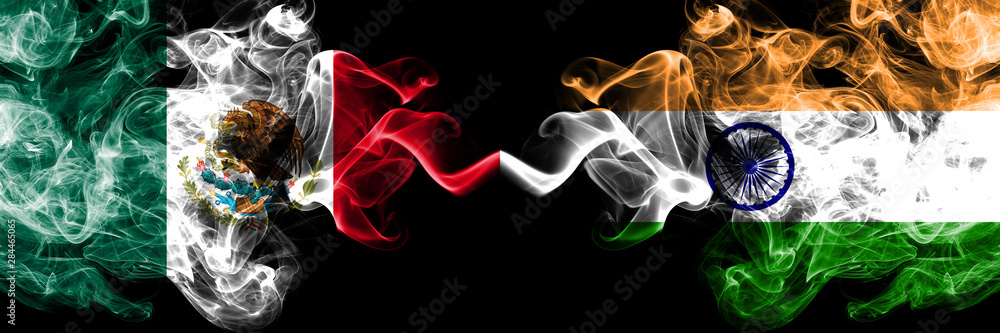 Mexico vs India, Indian smoky mystic flags placed side by side. Thick ...