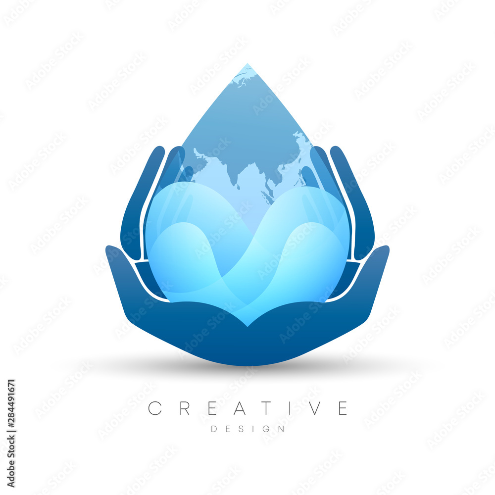 Vector design of a hand logo holding a grain of water with a map of the ...