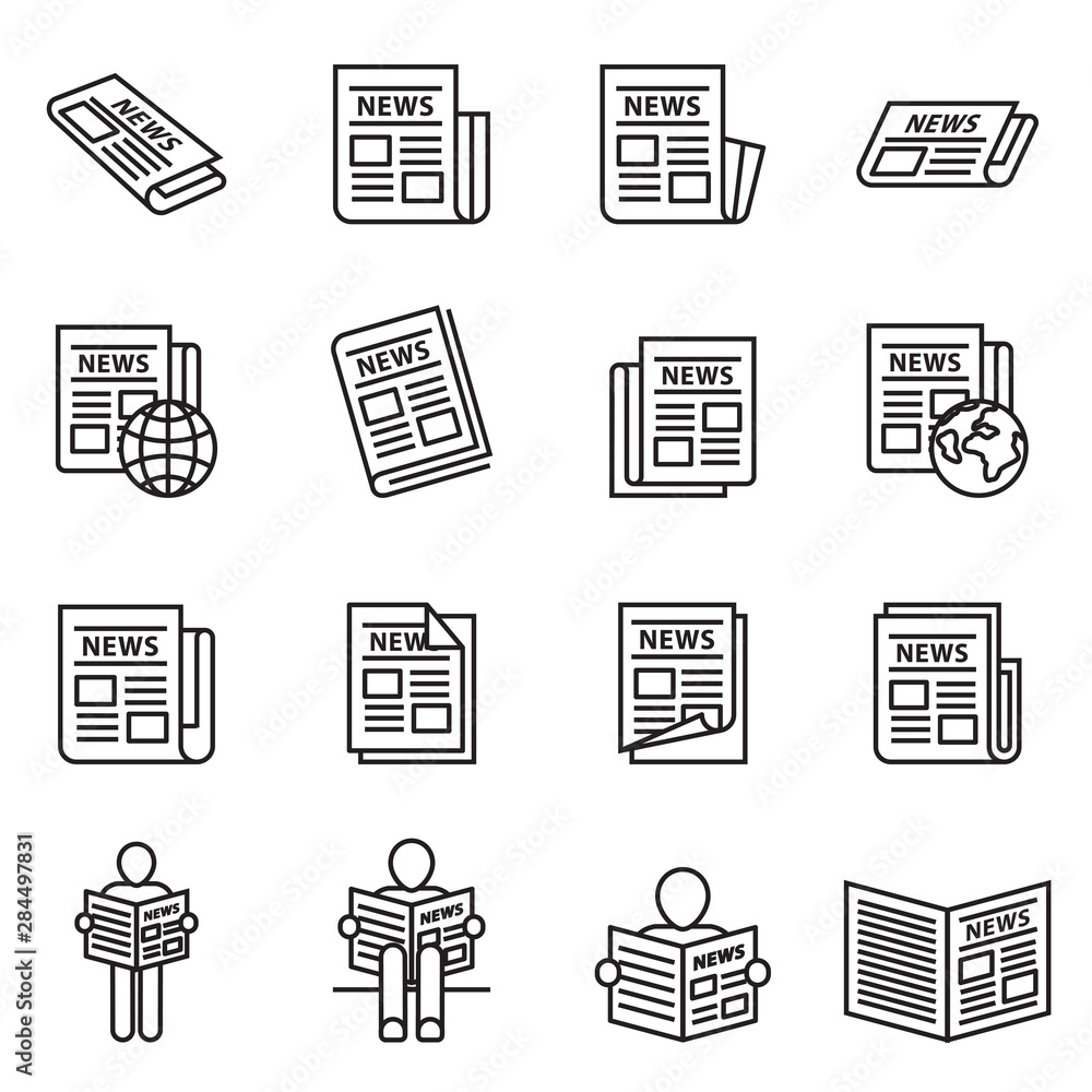 News publish, newspaper icon set with white background. Thin line style ...