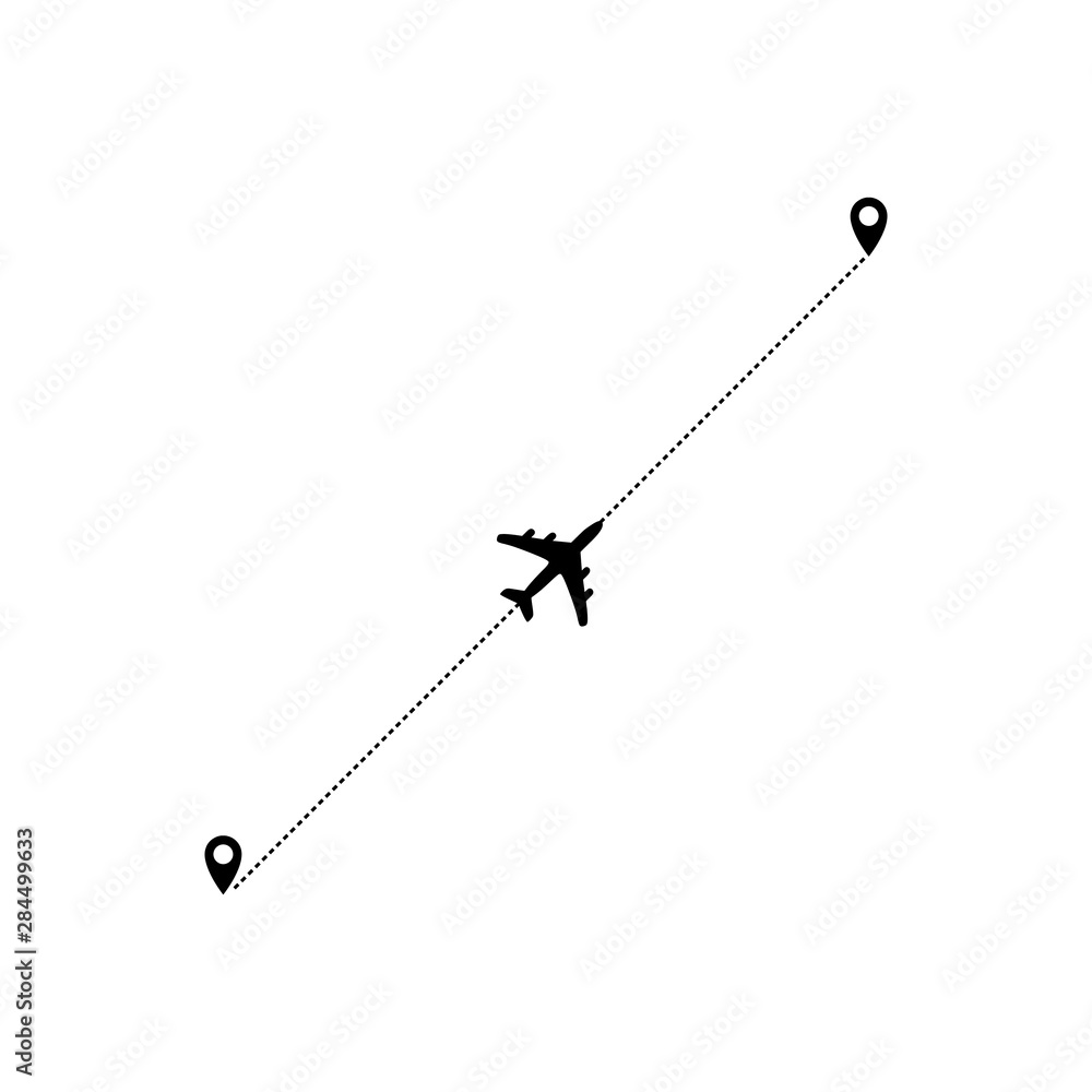 Airplane line path vector icon of air plane flight route between start ...
