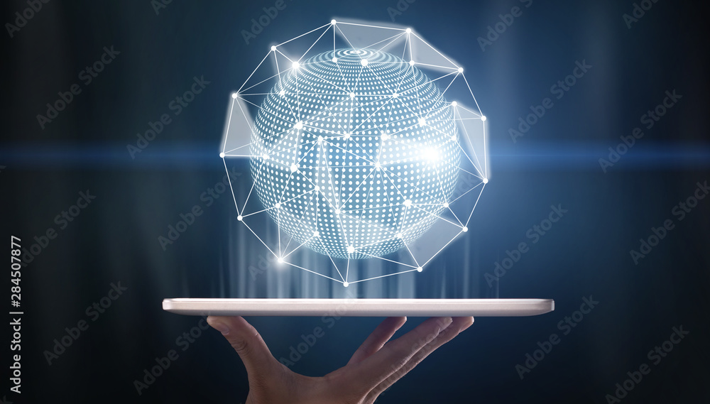 Projection of world sphere in 3D rendering out of digital tablet Stock ...