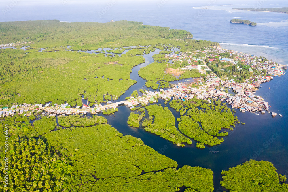 Town on the water and mangroves, top view. Coast of the island of ...