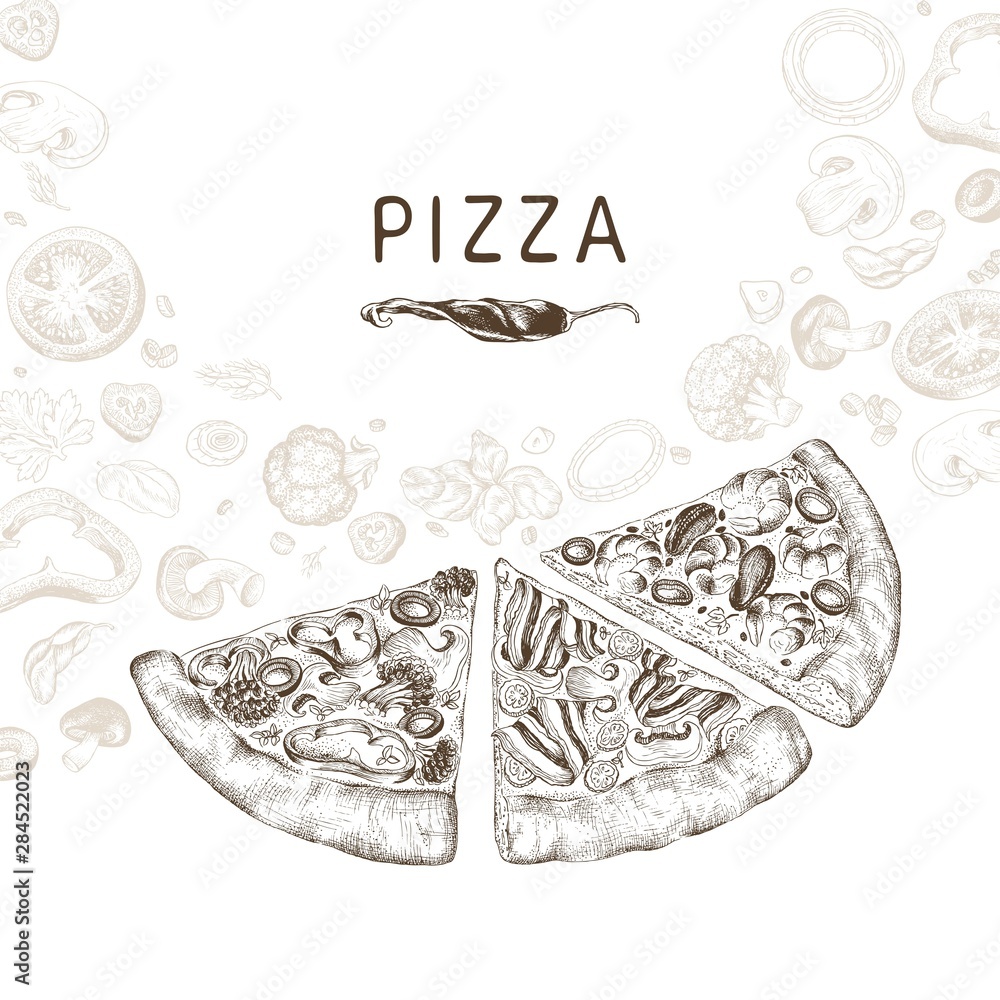 Pizza menu restaurant, hand-drawn vector illustration. Template for ...