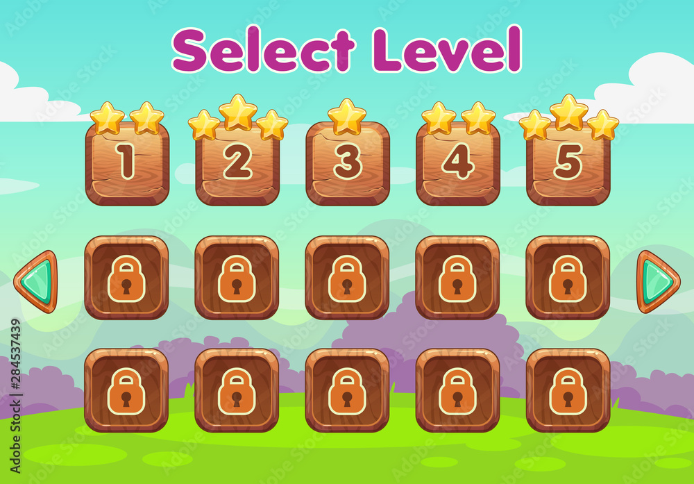 Cartoon level selection game screen. Wooden gui set. Stock Vector ...