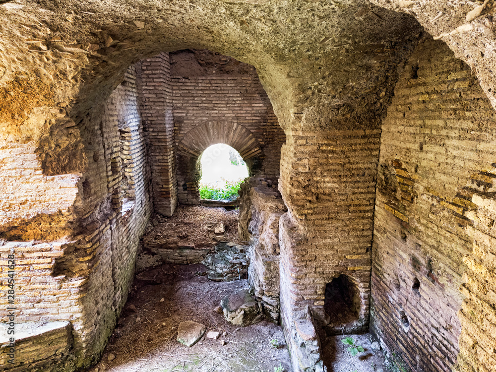 Corridor with Roman vault inside an ancient building in the ...