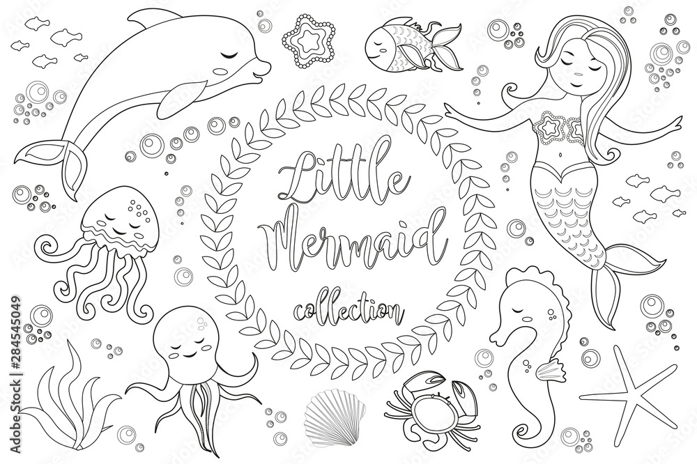 Cute little mermaid and underwater world set Coloring book page for ...