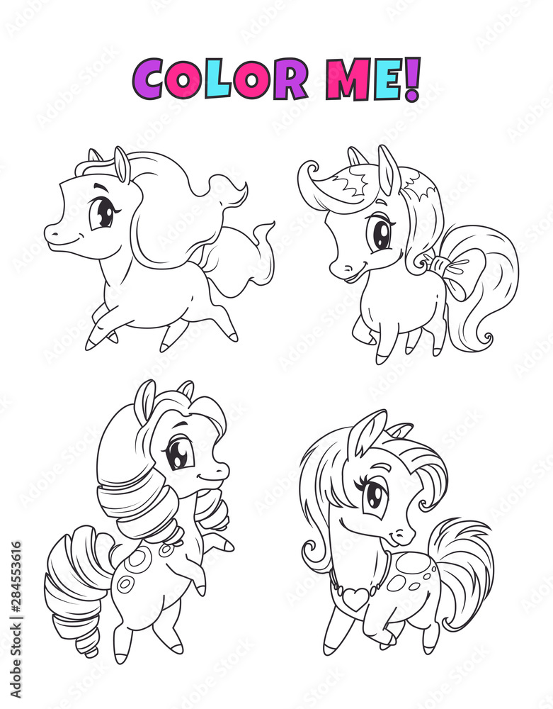 Little cute cartoon pony set. Outline horses icons for coloring book ...