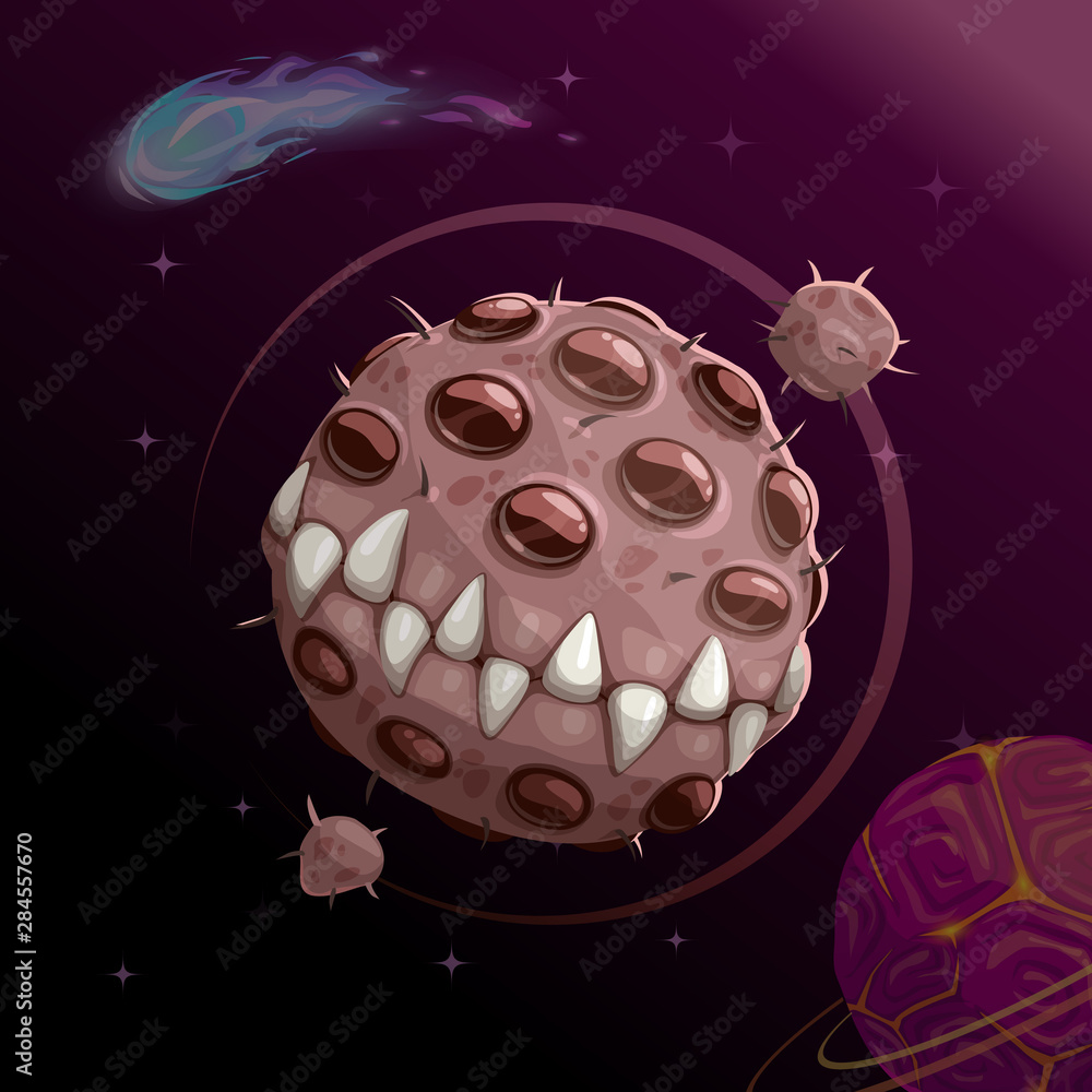 Cartoon creepy monster planet with spittle mouth and jaws on the dark ...