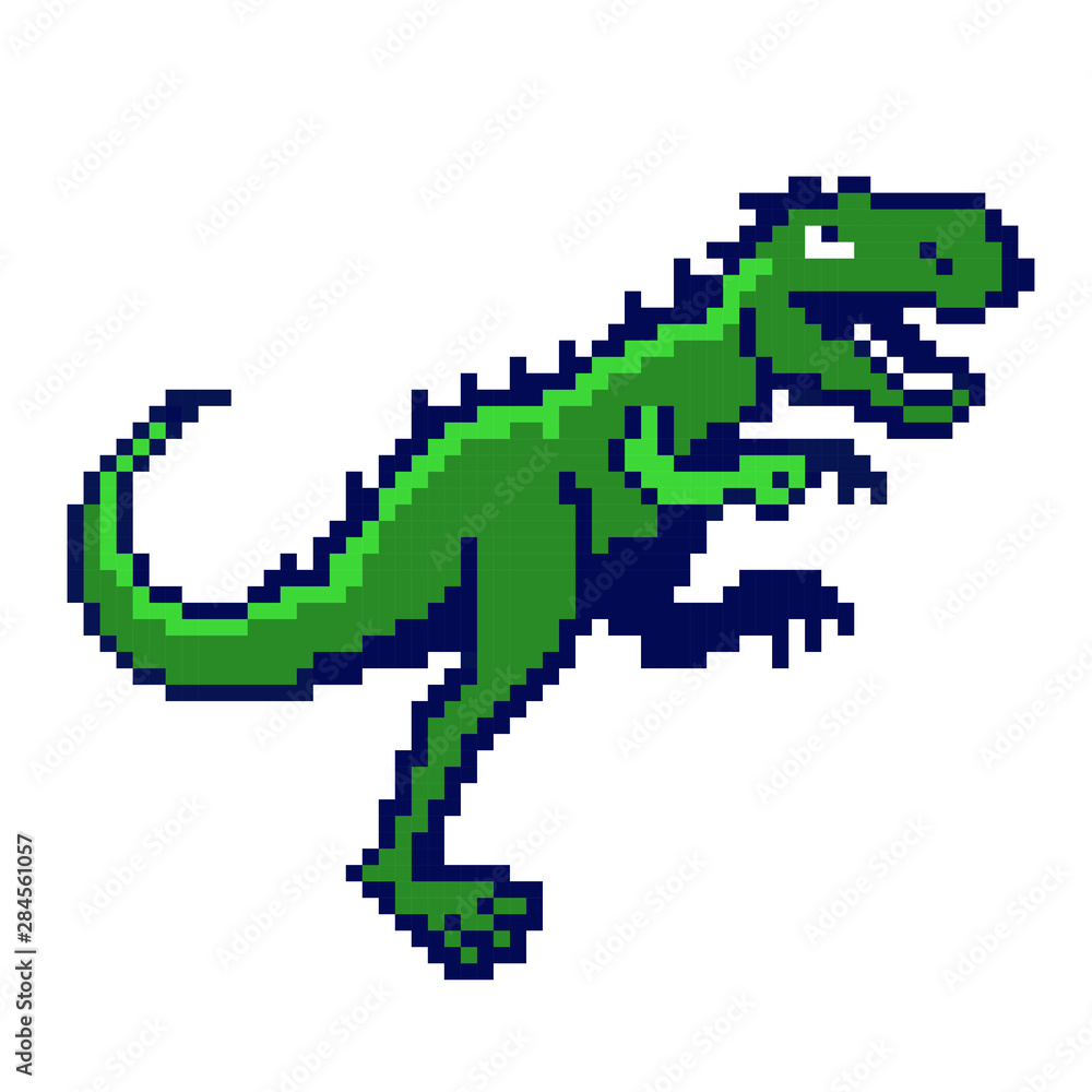 Cute pixel dinosaur isolated on white background, green animal, pixel ...