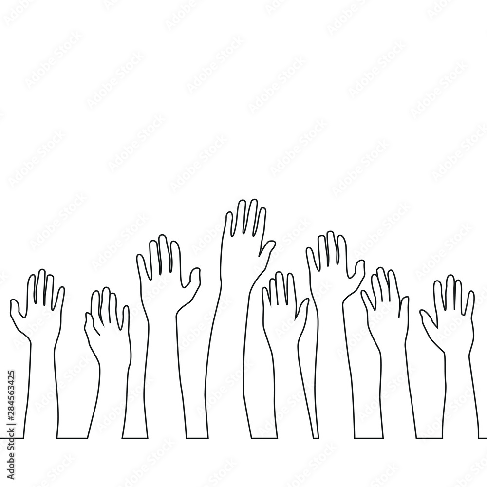 Hands up one line drawing on white isolated background. Vector ...