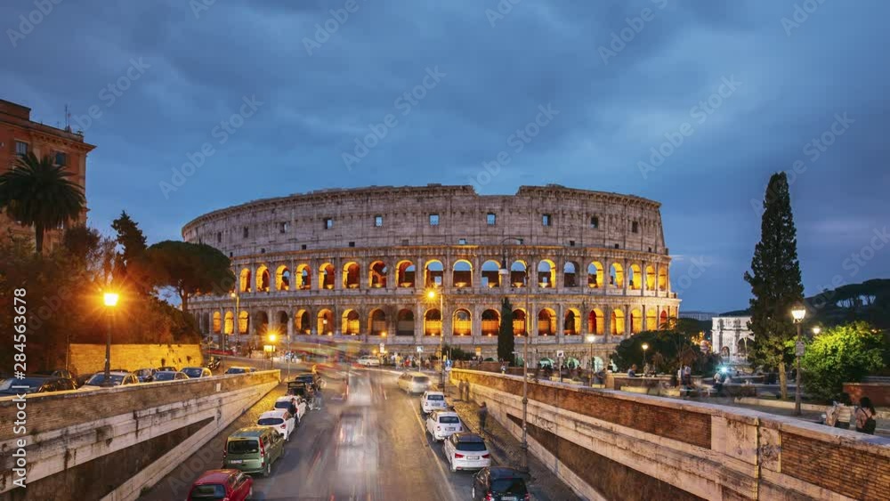Rome, Italy. Colosseum. Traffic Near Flavian Amphitheatre During Sunset ...