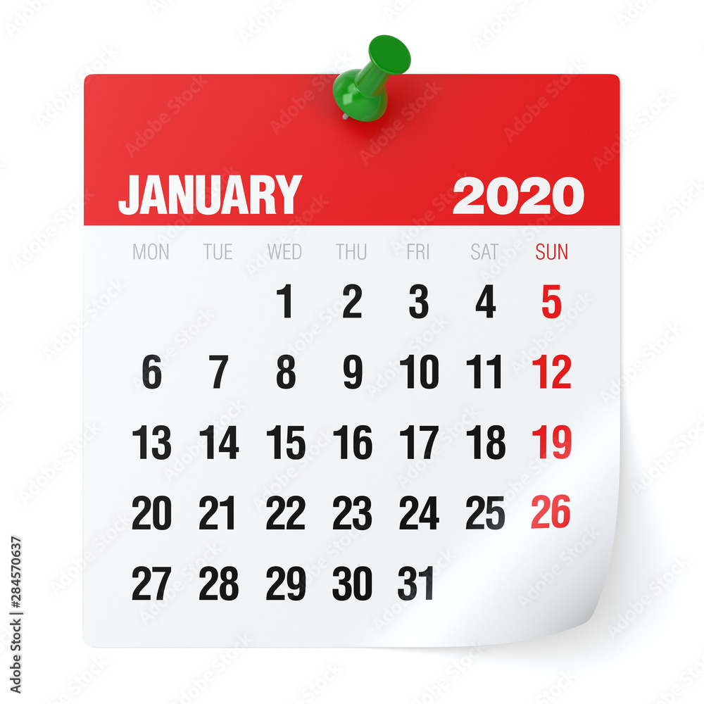 January 2020 - Calendar. Isolated on White Background. 3D Illustration ...