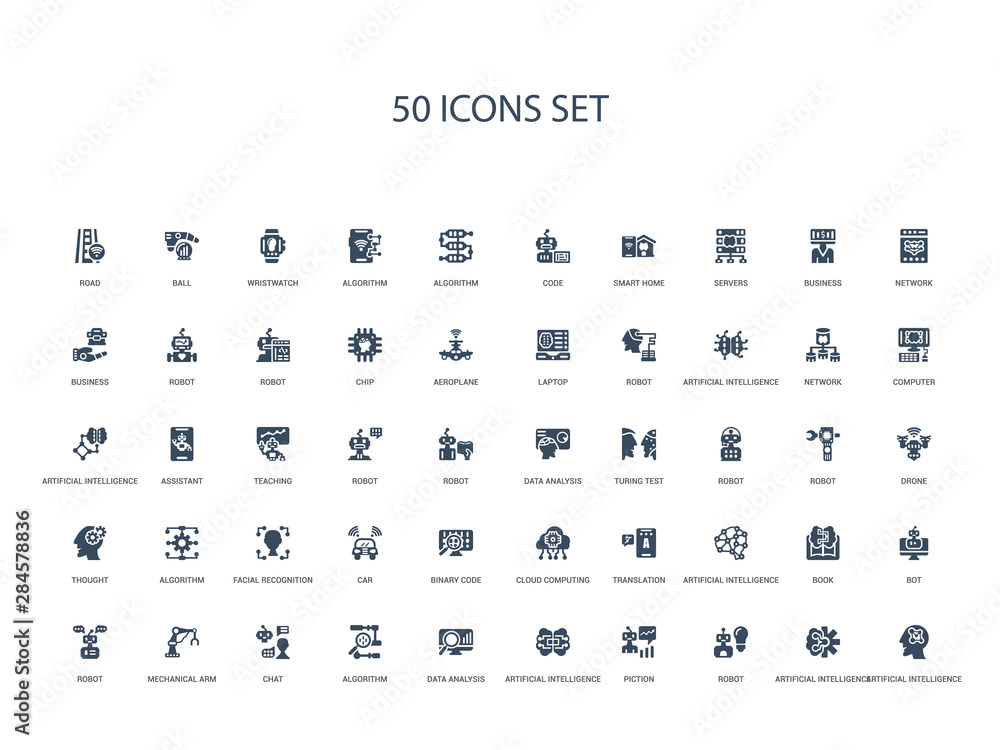 50 filled concept icons such as artificial intelligence, artificial ...