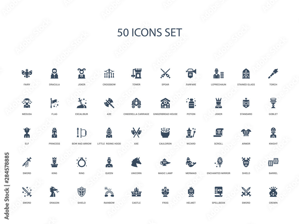 50 filled concept icons such as crown, sword, spellbook, helmet, frog ...