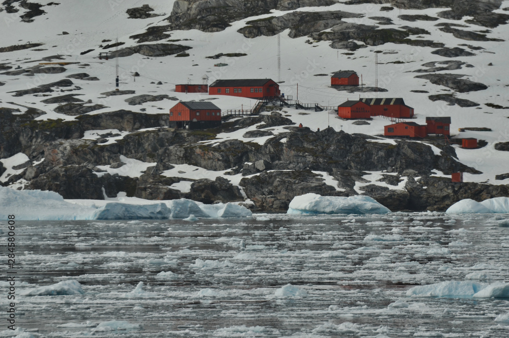 Red Argentine Research Village on Mainland Antarctica with Floating ...