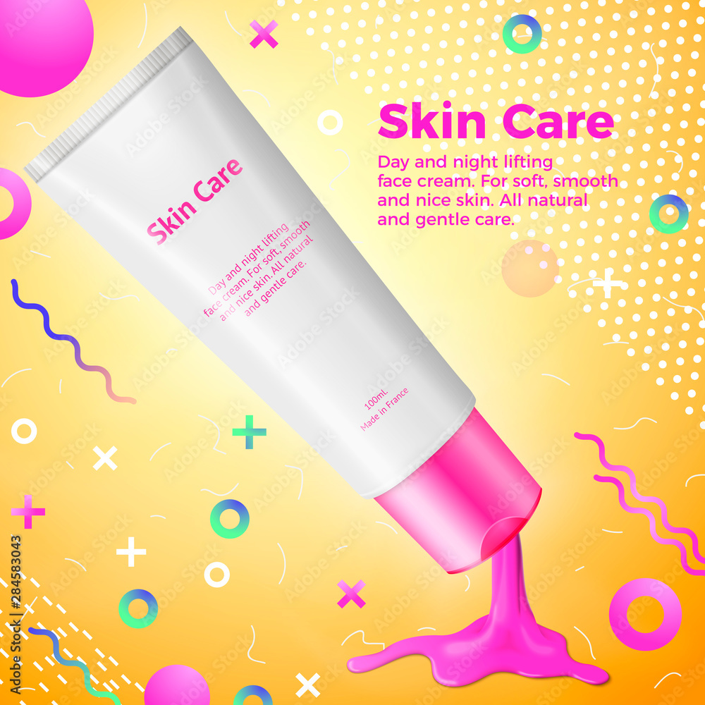 Vector bright cream advertisement with abstract memphis style radiant ...