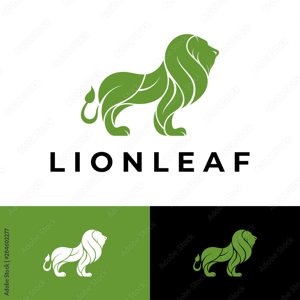lion leaf logo, flat style, nature animal symbol, environmental icon, king of the jungle icon ...