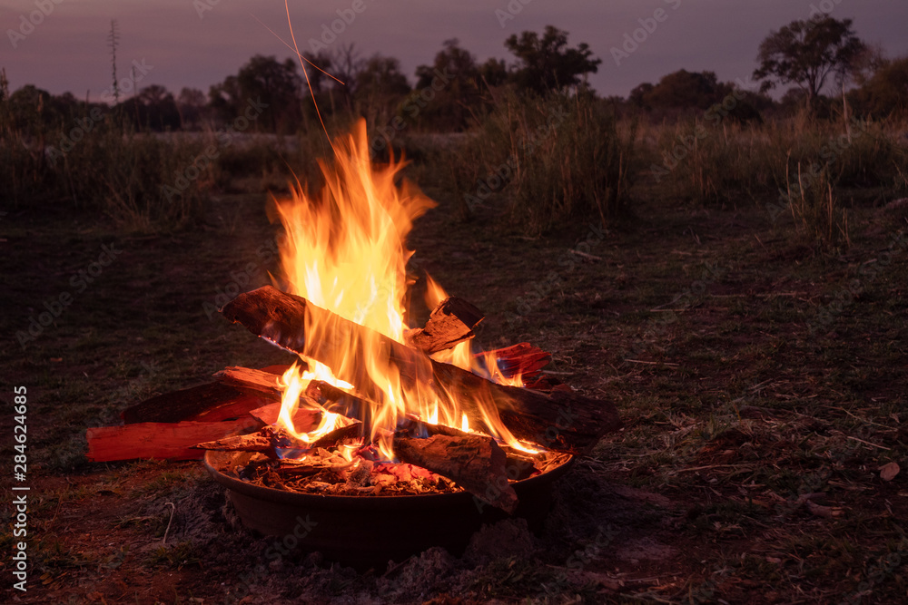 Camp Fire Burning in African Savanna at the Okavango, Africa Stock ...